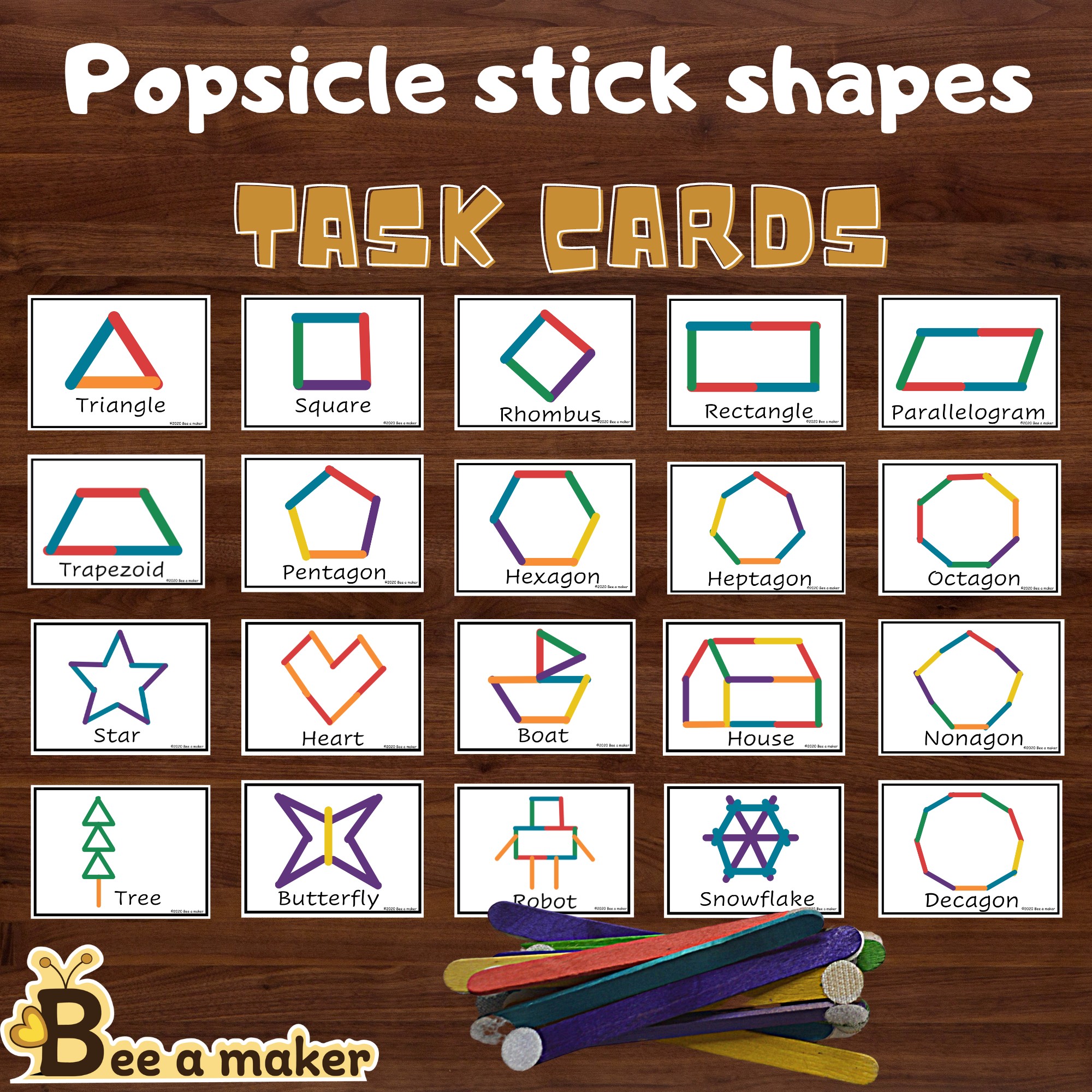 Popsicle Stick Shape Flash Cards PDF - bee.a.maker